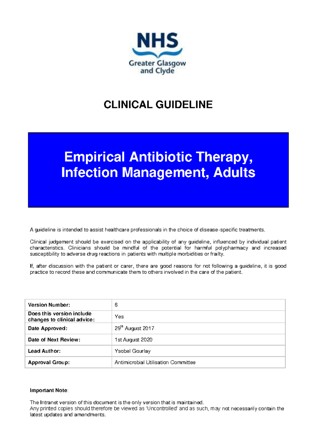 Empirical Antibiotic Therapy, Infection Management, Adults GGC ...
