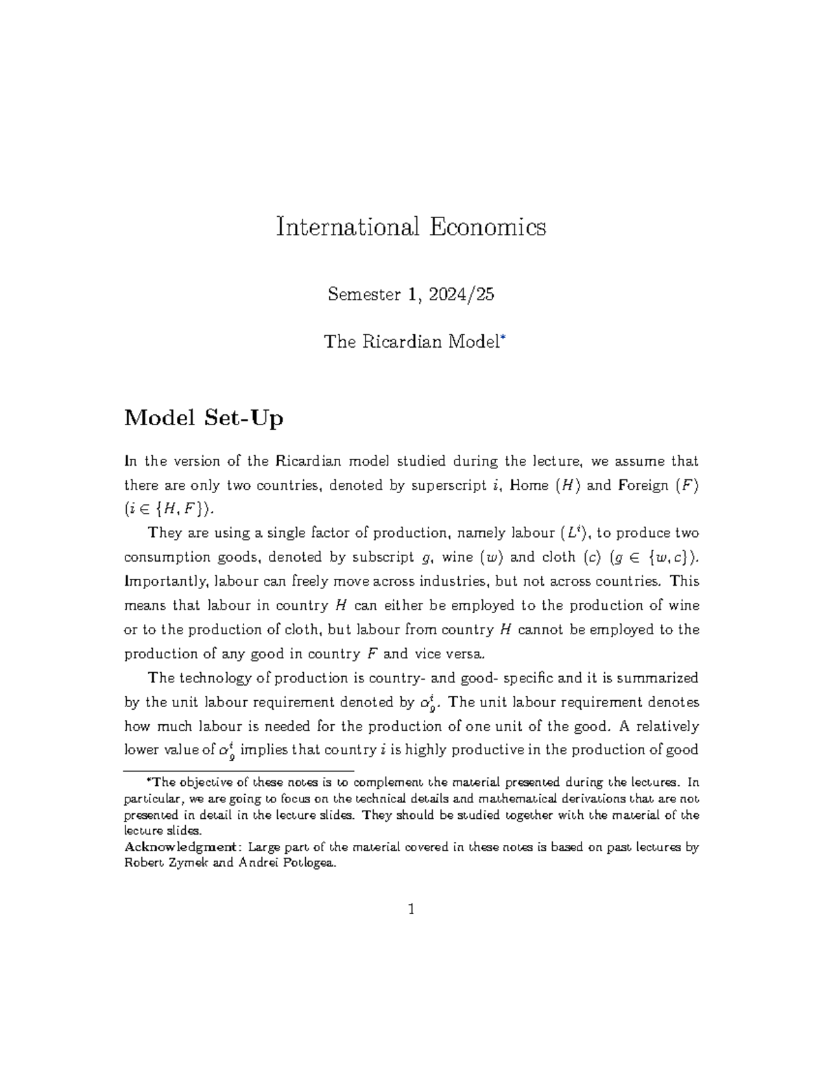 Lecture Notes: Ricardo's Model in International Economics (ECON 101 ...