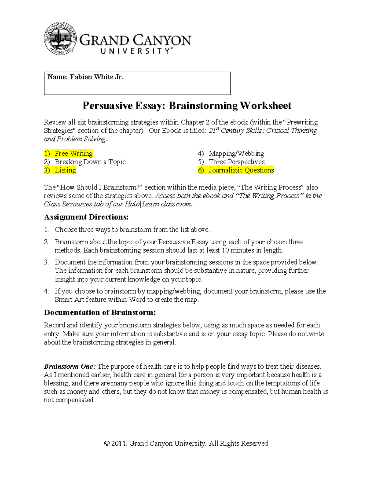 PHI105 T2 Persuasive Essay Brainstorming Worksheet by Fabian White Jr ...