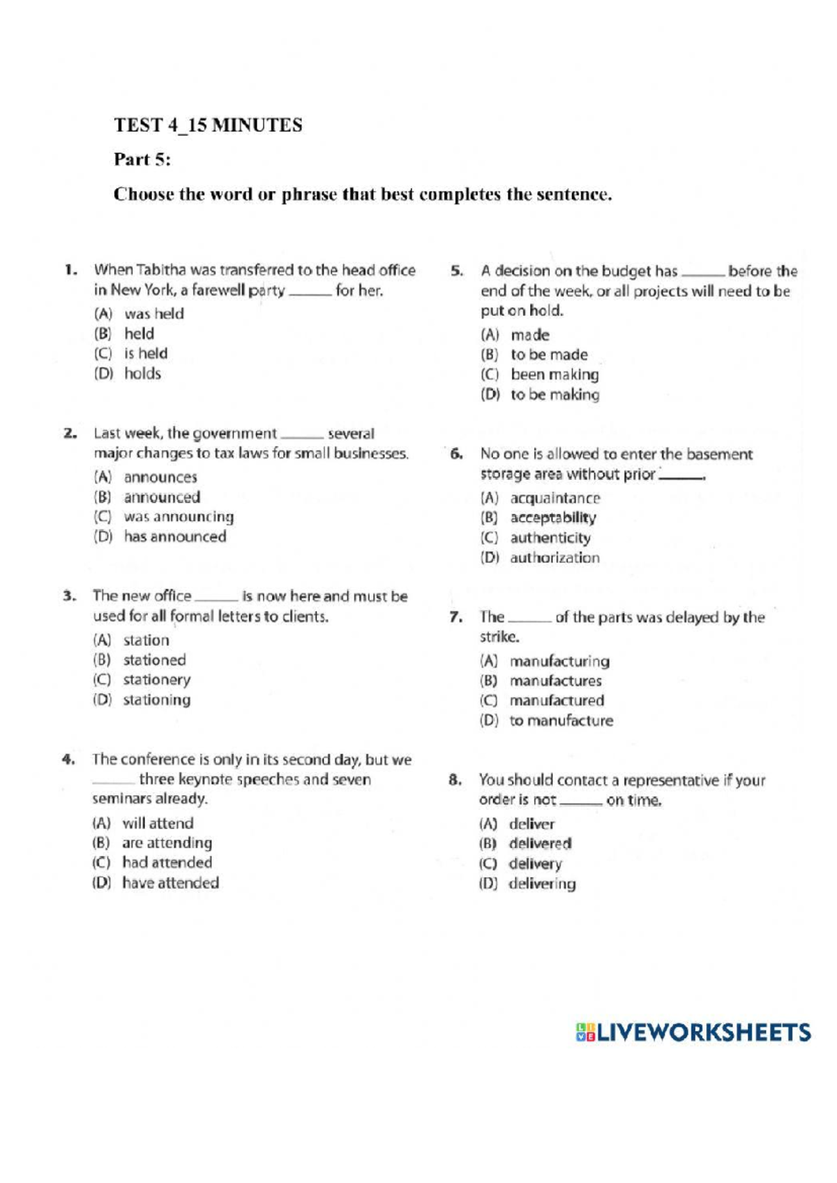 TEST 4: 15-Minute Sentence Completion Worksheet - Studocu