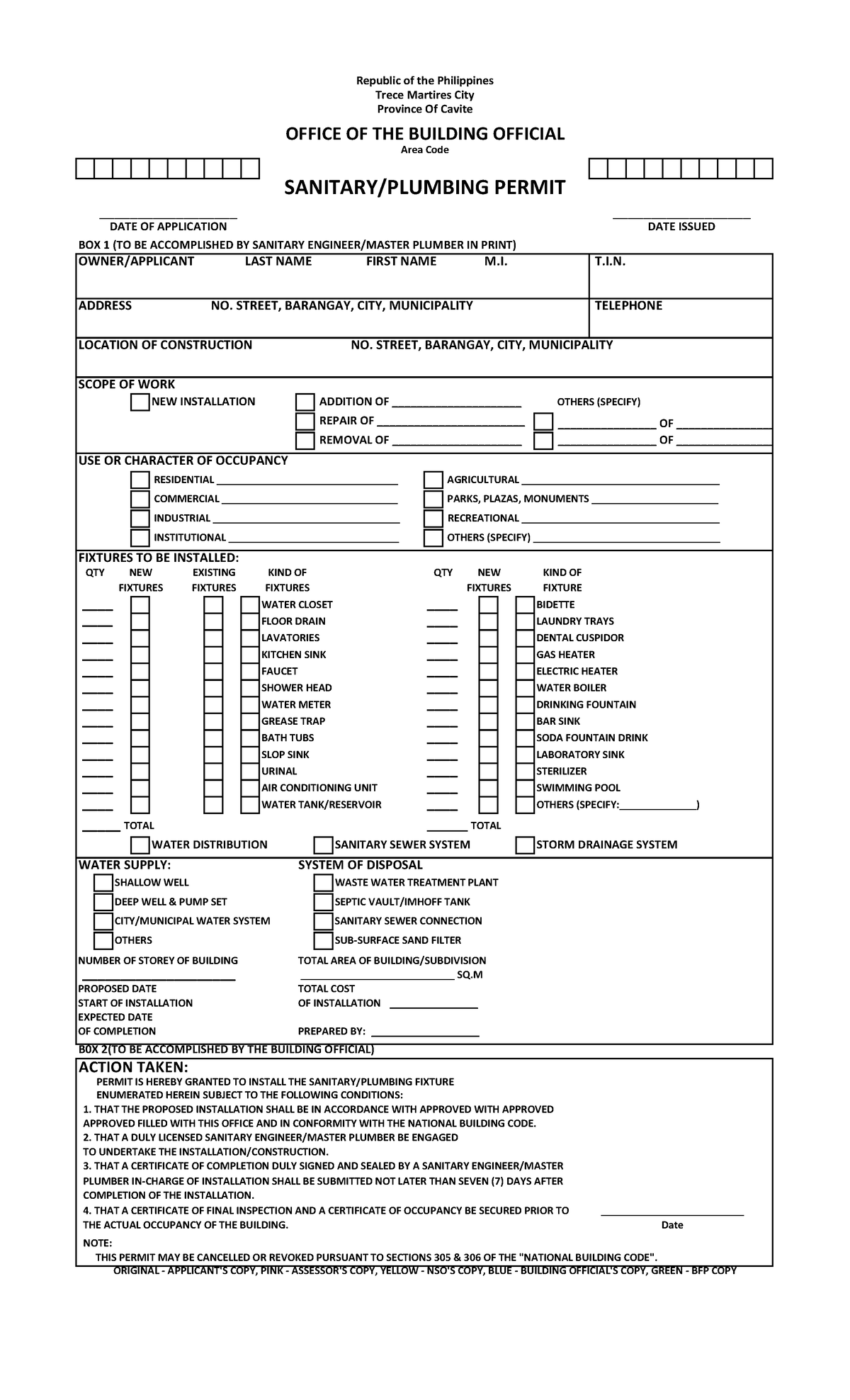 Sanitary Plumbing Permit Form - Trece Martires City, Cavite - Studocu