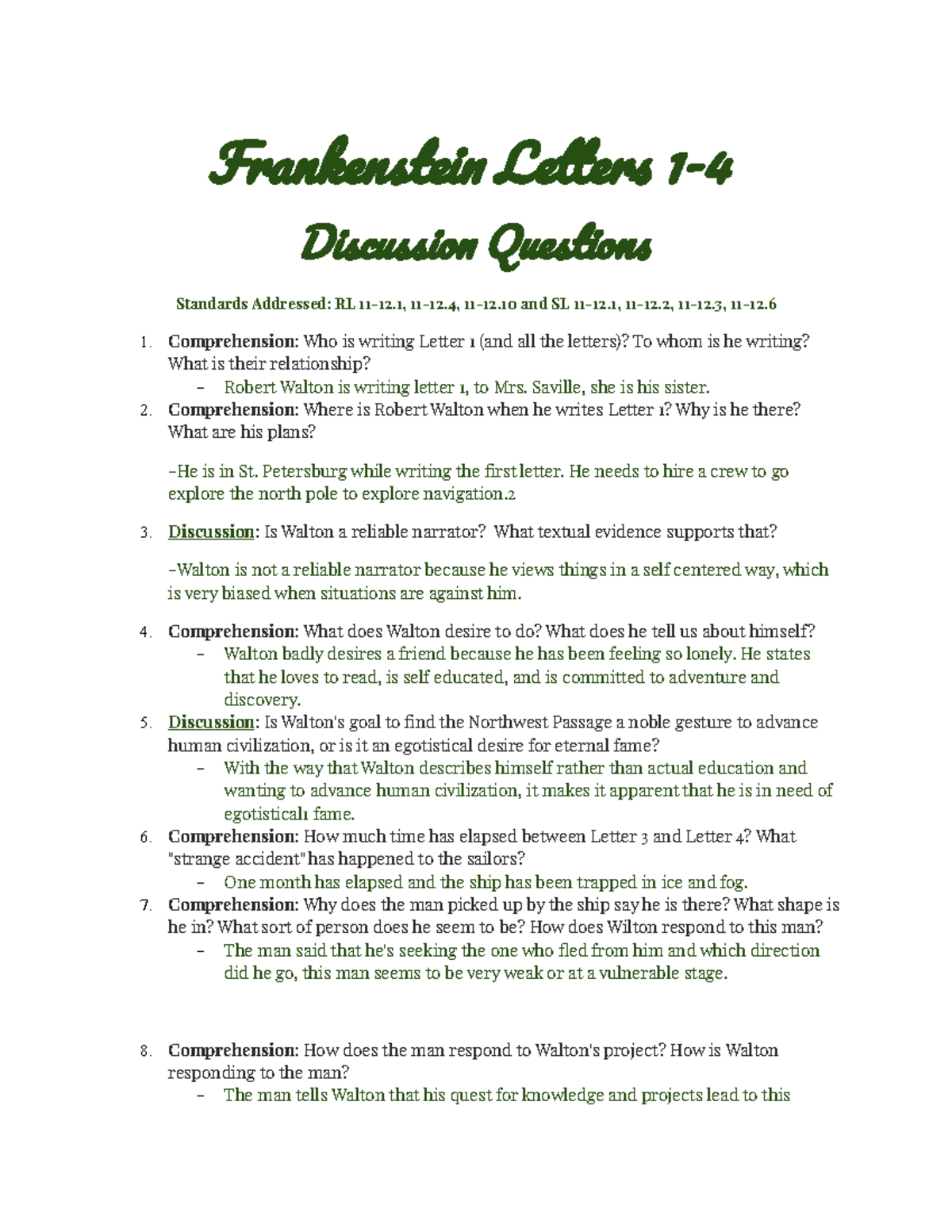 Frankenstein Letters 1-4 Discussion Questions - Frankenstein Letters 1 ...