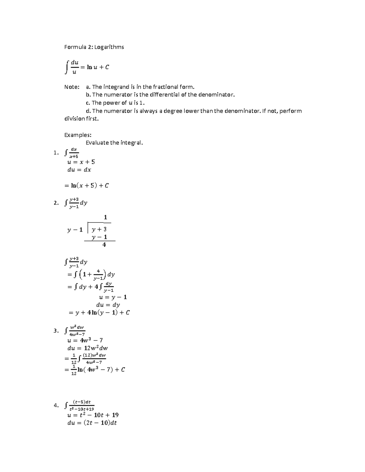 Formula 2: Logarithms and Integration Techniques - Study Materials ...