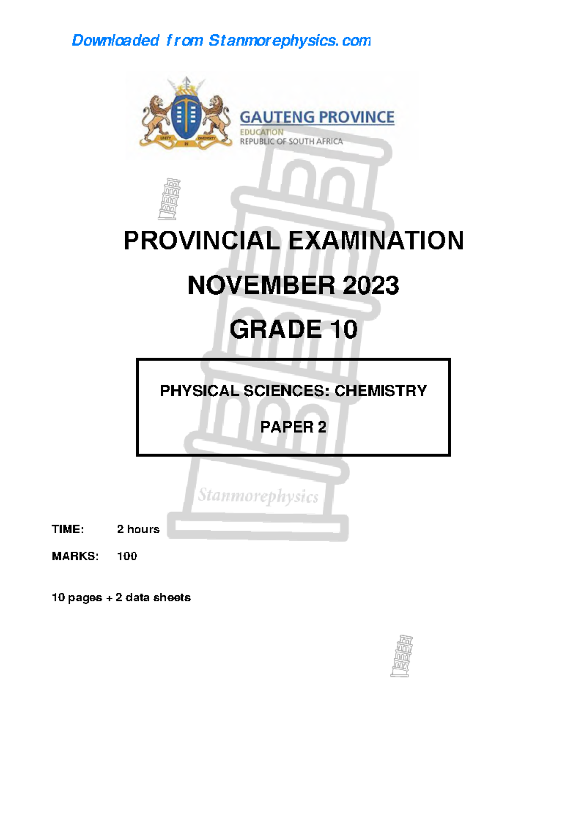 Grade 10 Physical Science GP November 2023 P2 Exam & Memo - Studocu