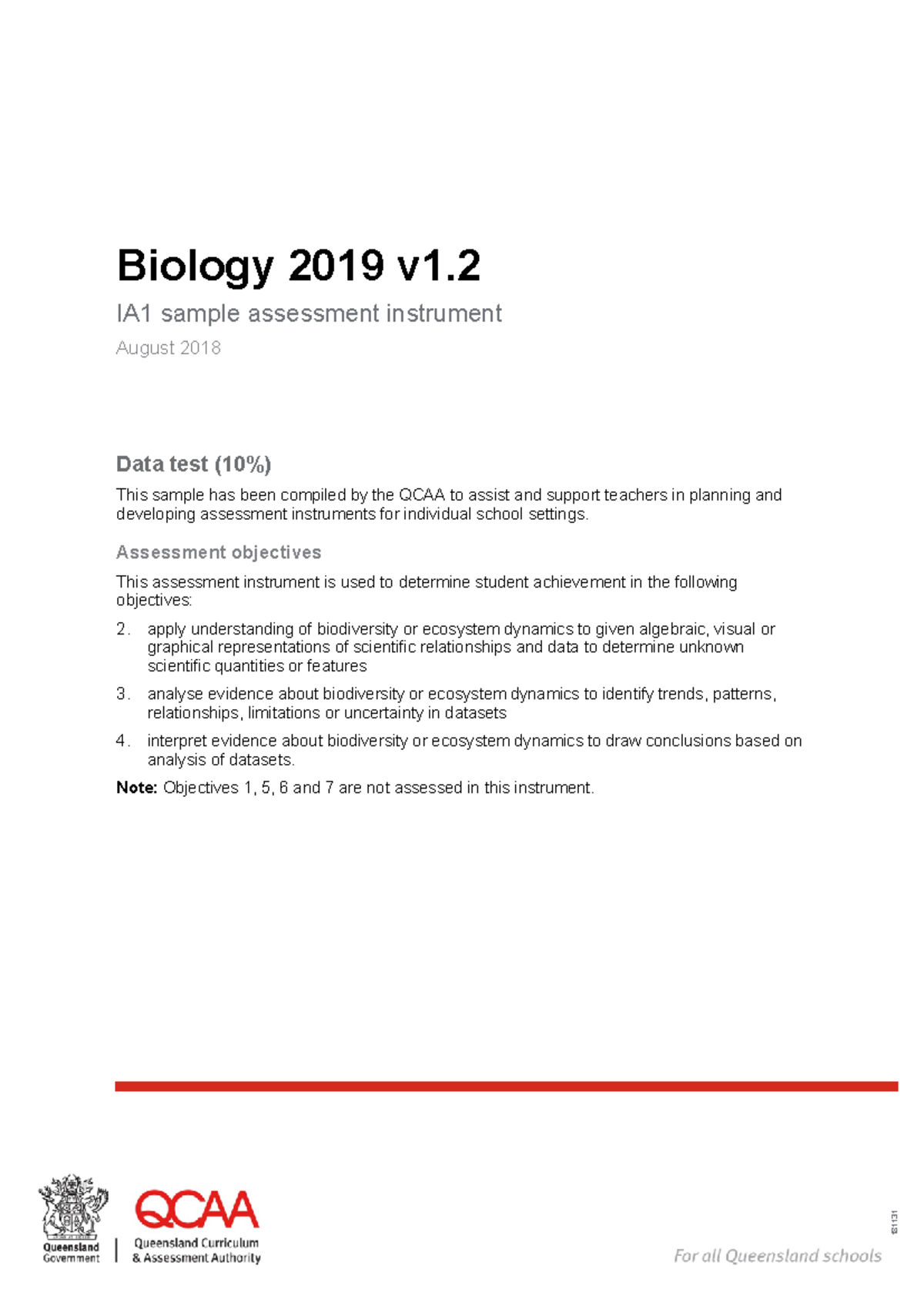 QCAA Sample IA1 Data Test - 181131 Biology 2019 v1. IA1 sample ...