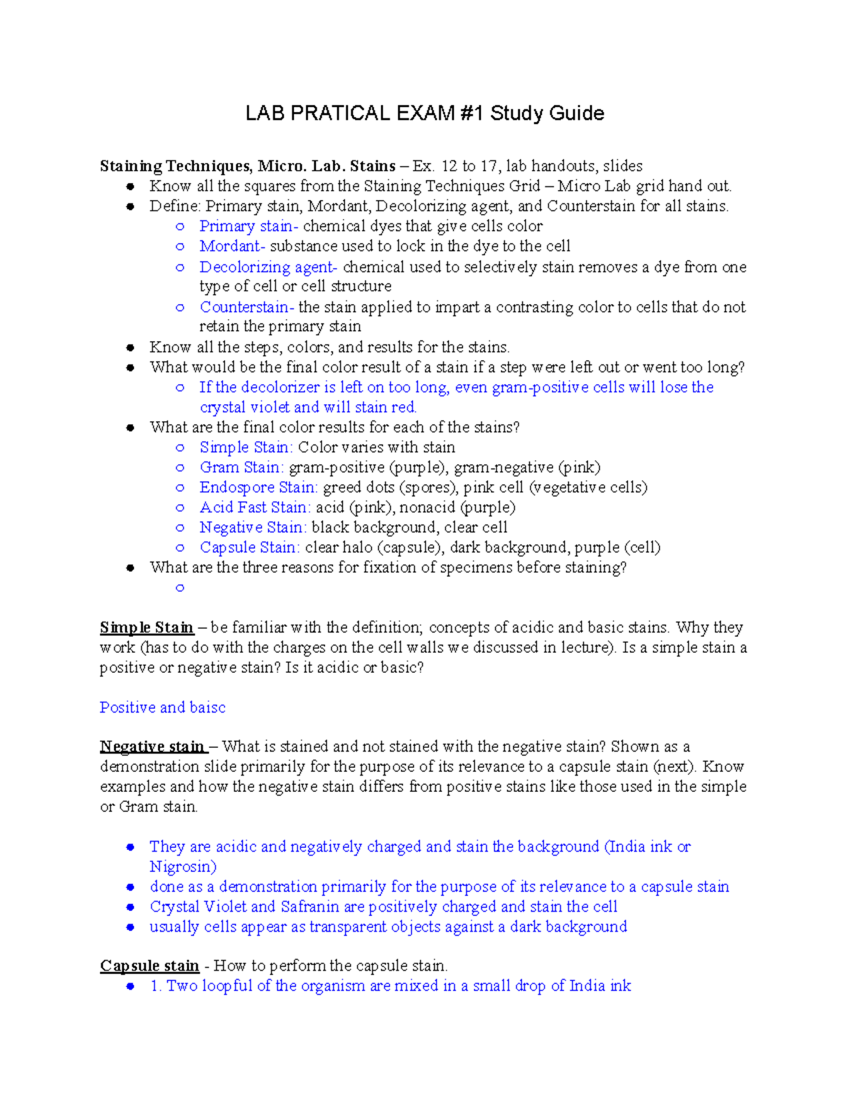 LAB Practical Exam #1 Study Guide: Staining Techniques and Results ...