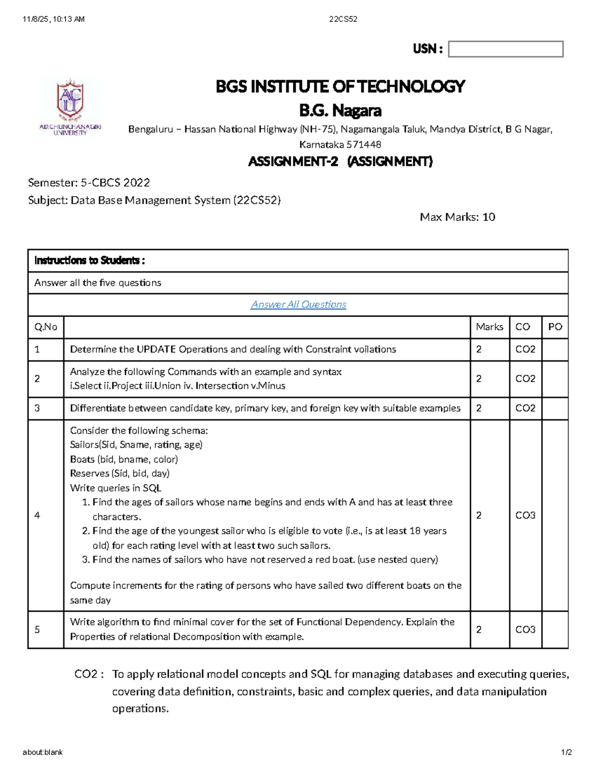 22CS52 DBMS Assignment: SQL Operations & Key Concepts - Studocu