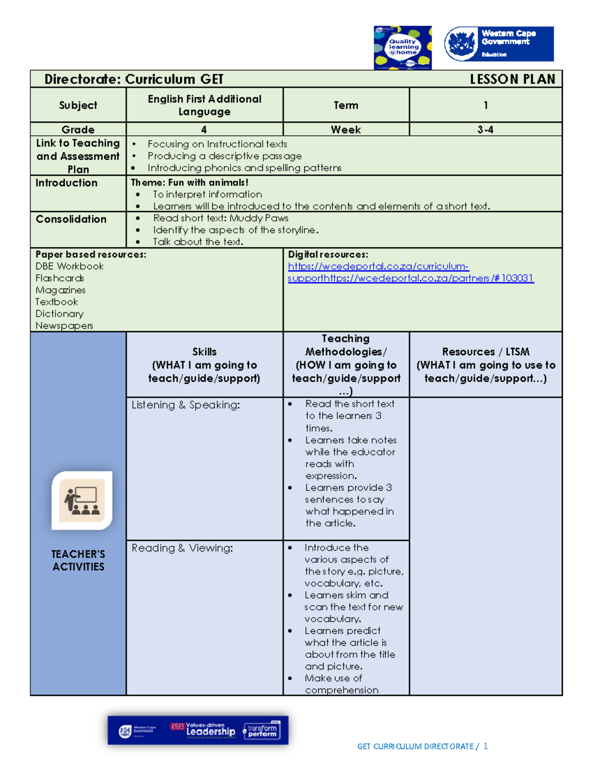 Eng FAL Gr.4 - Lesson Plan: Fun with Animals (Term 1, Weeks 3-4) - Studocu