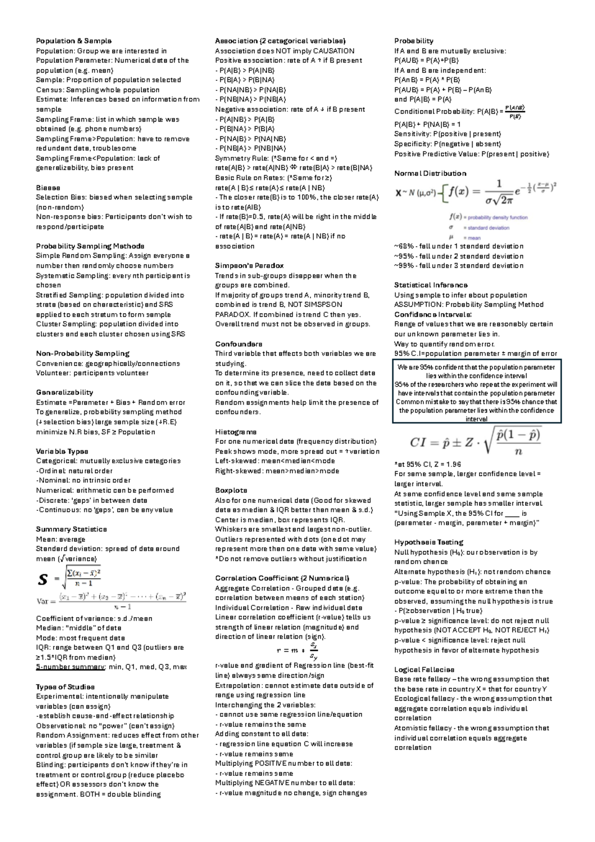 GEA Cheat Sheet - Population & Sample Population: Group we are ...