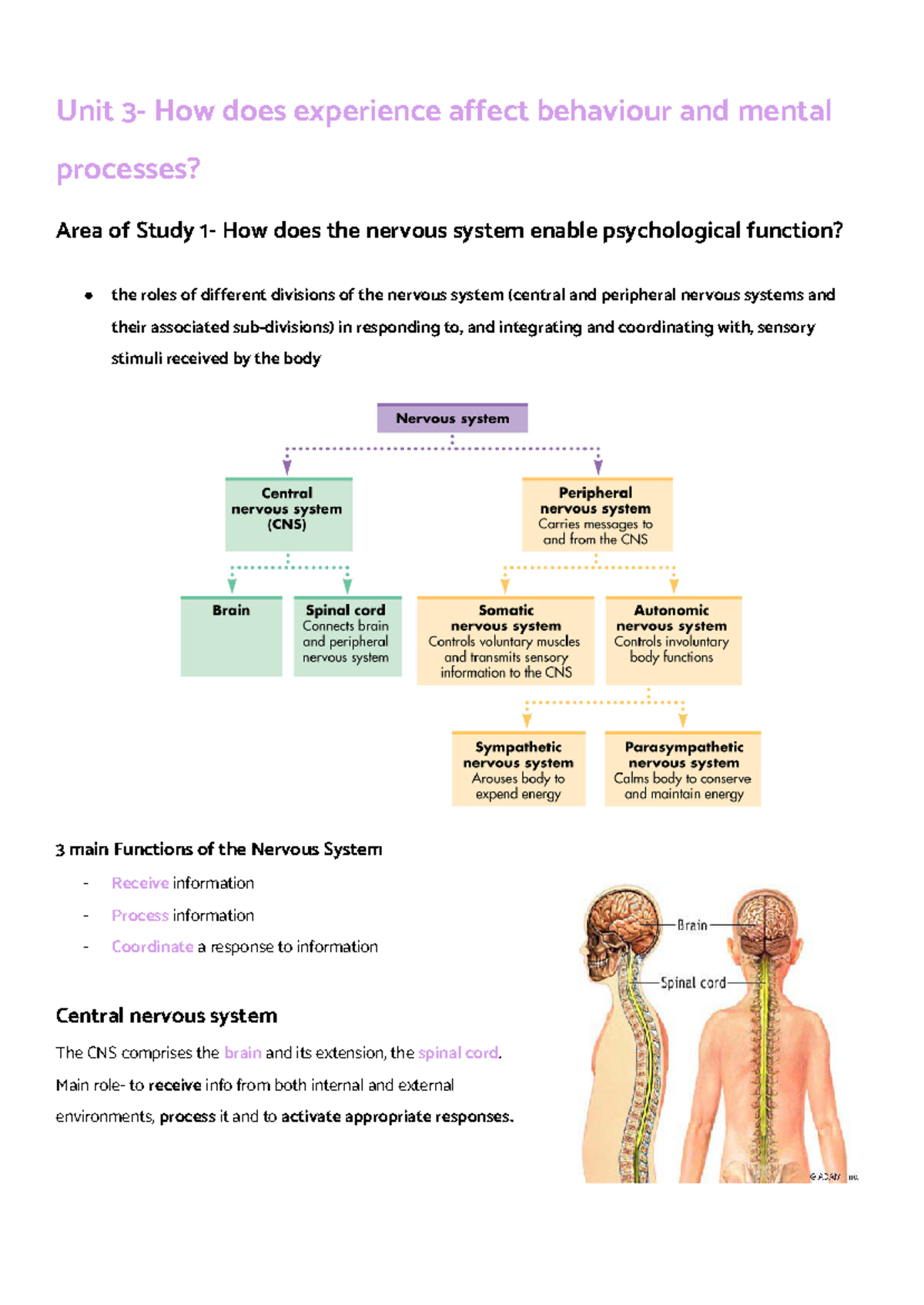 Psych 3 4 notes- unit 3 - Unit 3- How does experience affect behaviour ...