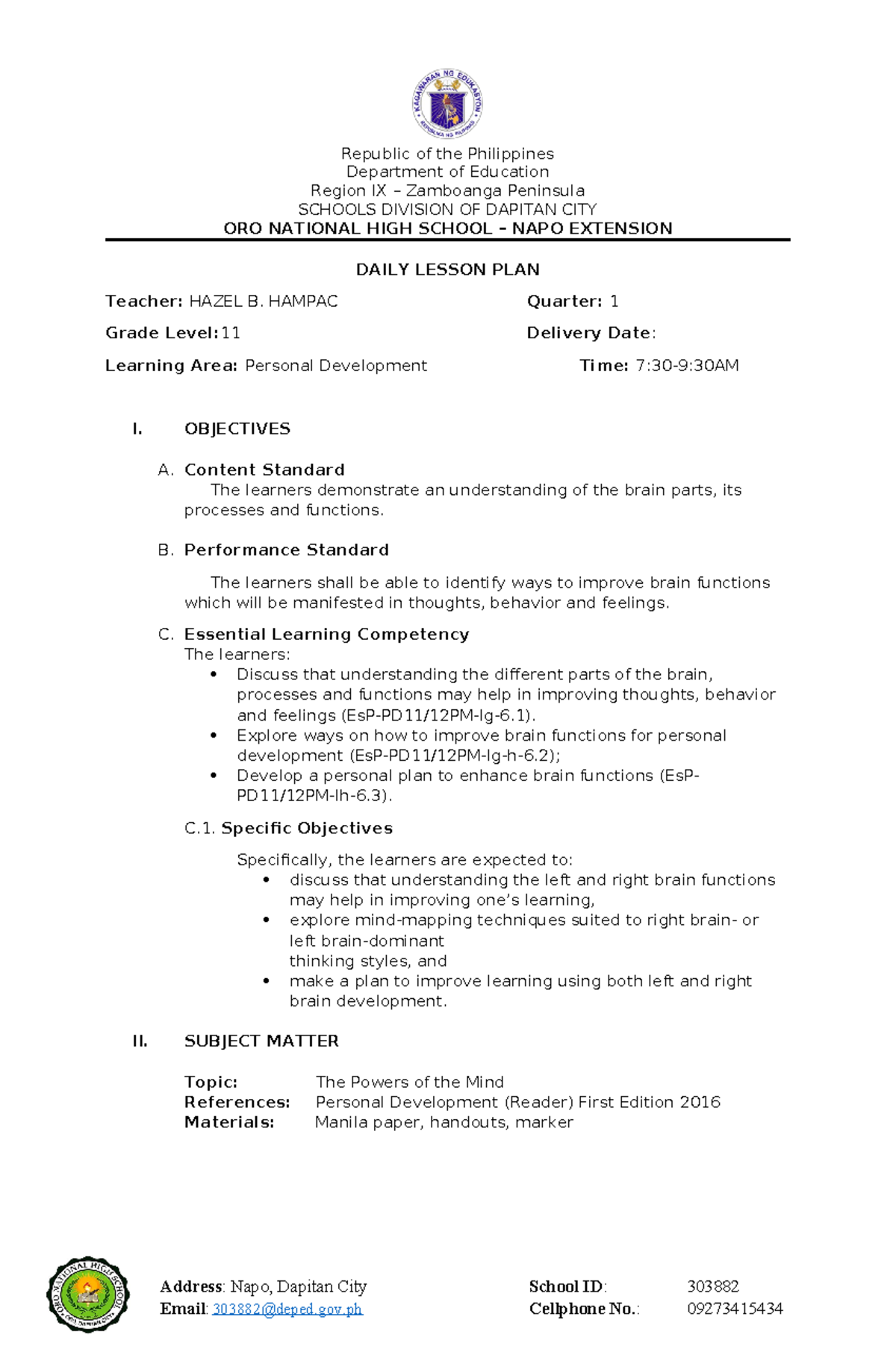 G11 PD Daily Lesson Plan: The Powers of the Mind Essentials - Studocu