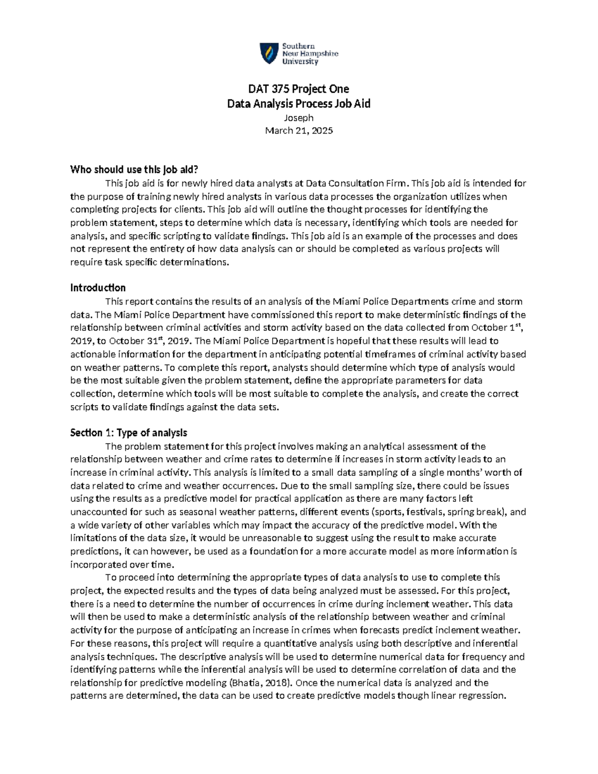 DAT 375 Project One: Data Analysis Process for Crime & Weather - Studocu