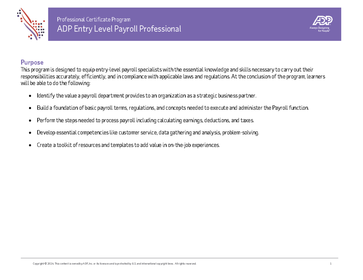 ADP Entry Level Payroll Professional Certificate Program Syllabus ...