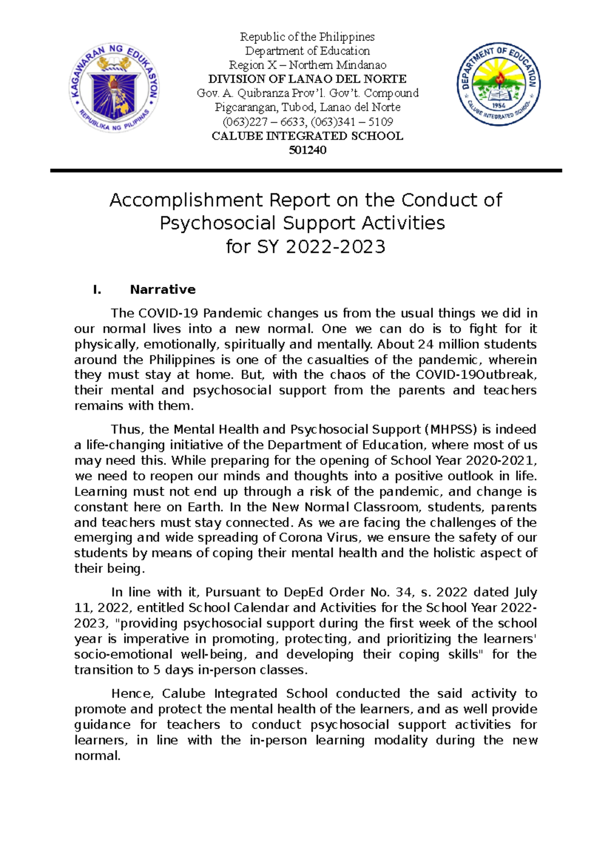 Accomplishment Report: Psychosocial Support Activities SY 2022-2023 ...
