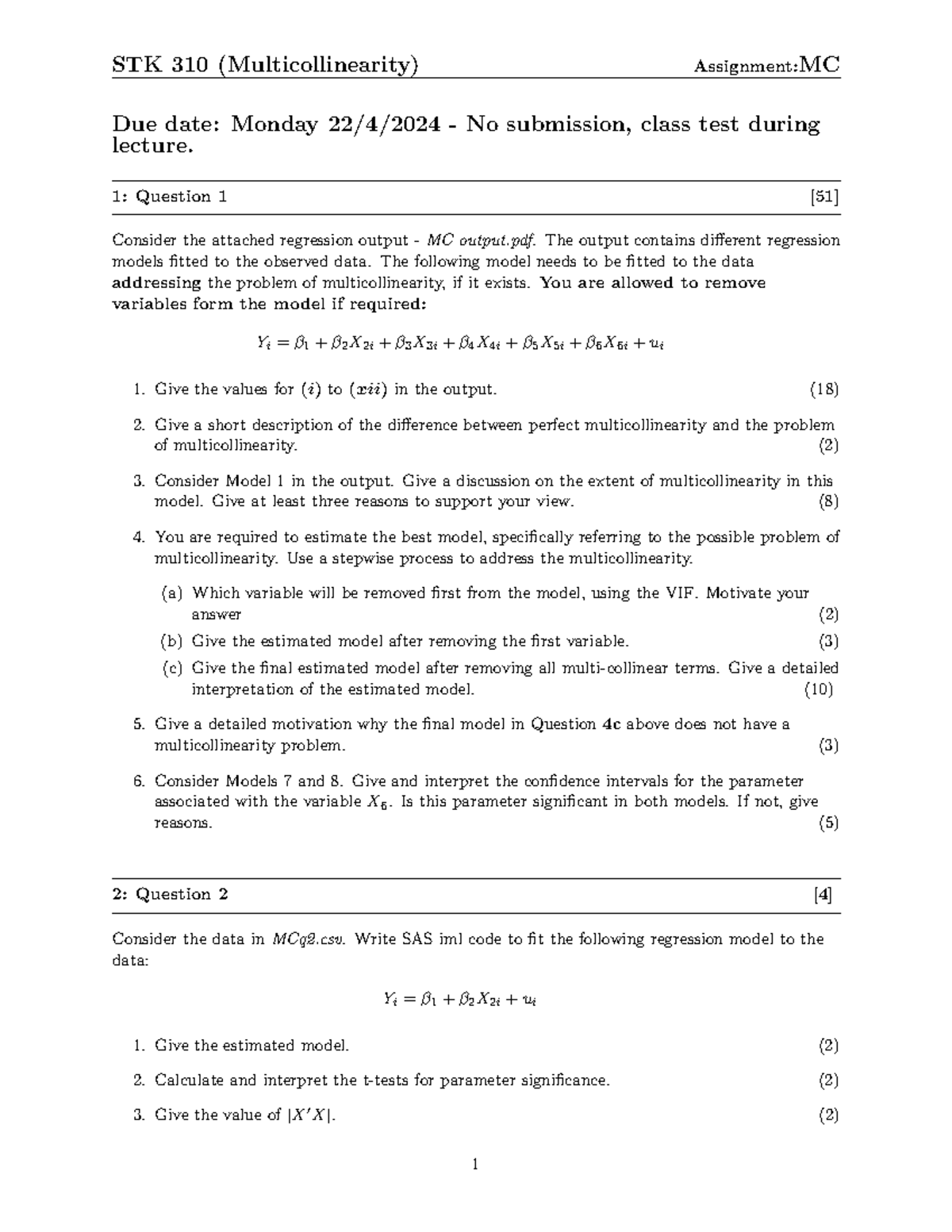 STK 310 Multicollinearity Assignment: Analysis and Model Fitting - Studocu