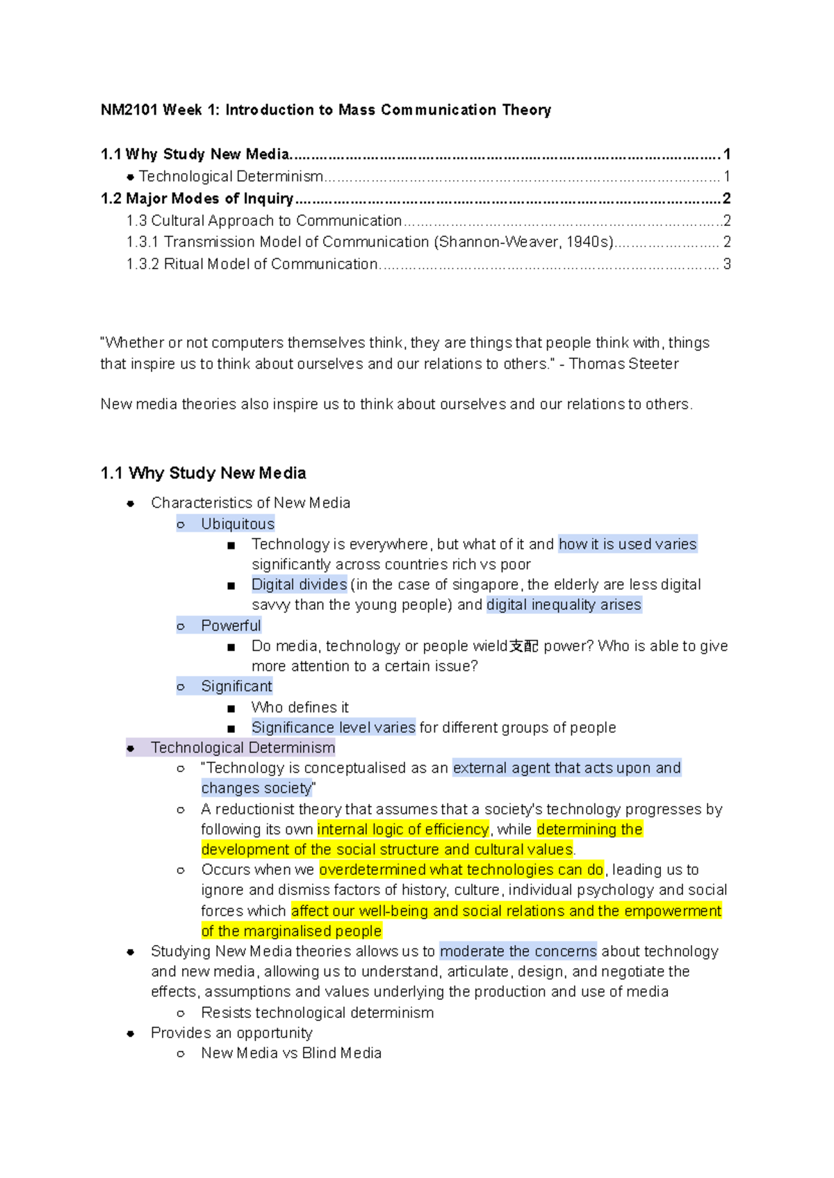 NM2101 Week 1: Intro to Mass Communication Theories and Inquiries - Studocu