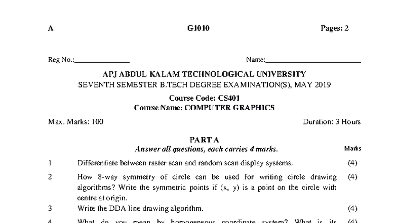 CS401 Computer Graphics May 2019 Question Paper - Studocu