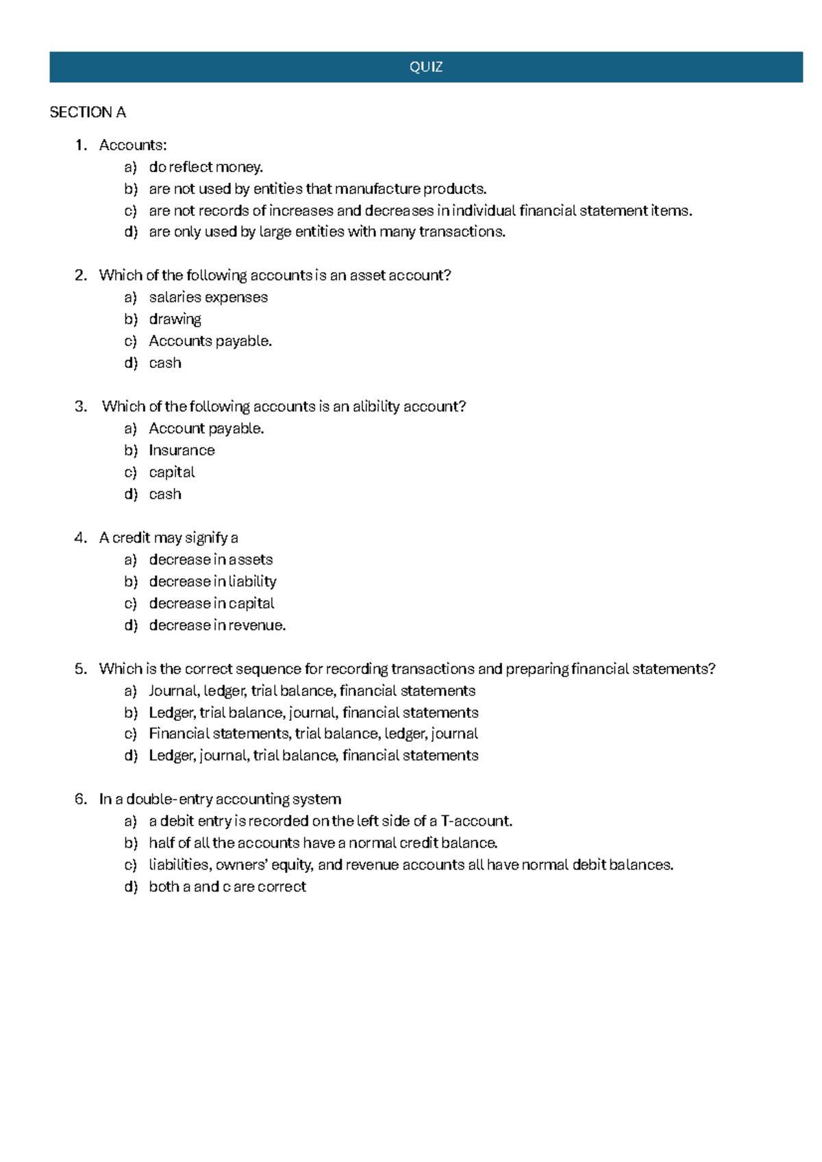 QUIZ BA 101: Basic Accounting Concepts and Principles - Studocu