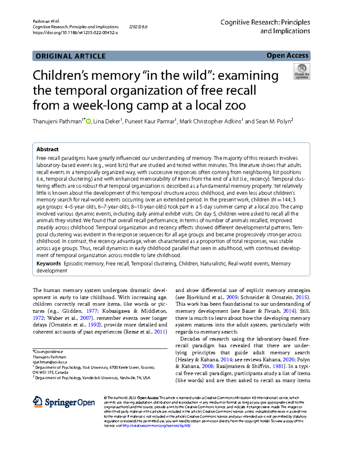 Cognitive Development in Children: Temporal Clustering in Free Recall ...