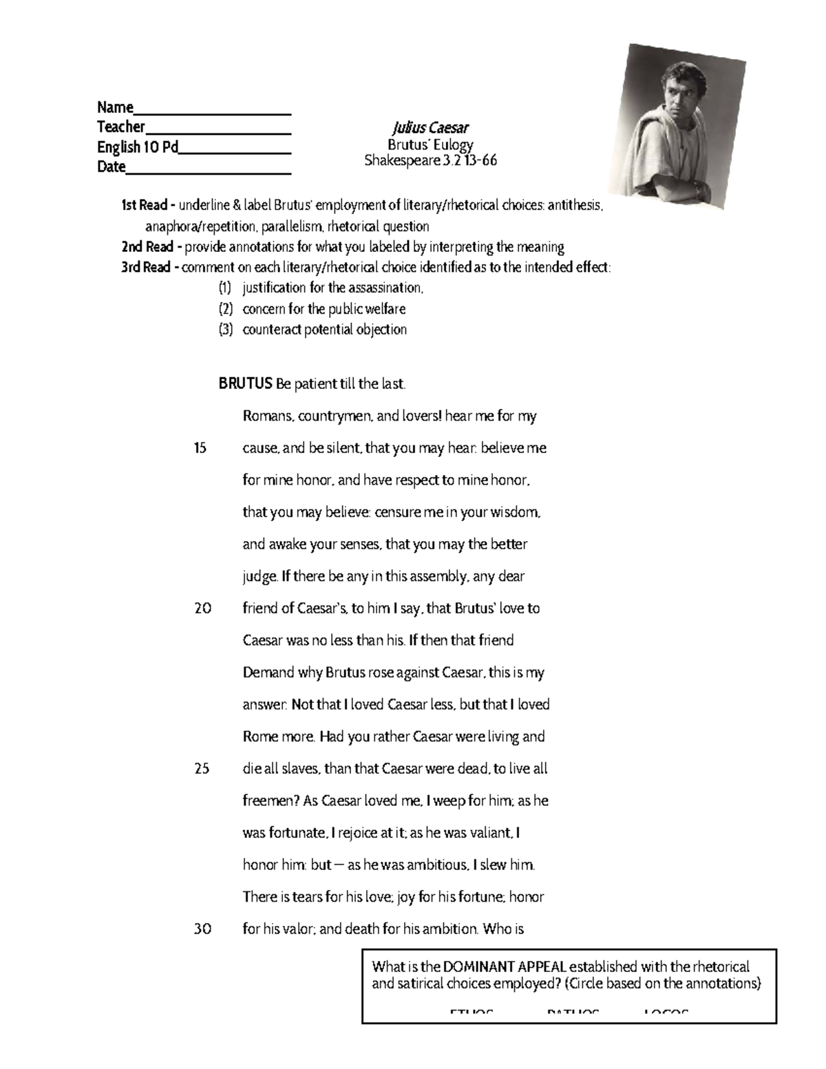 Antony and Brutus' Eulogies in Julius Caesar (Shakespeare 3.2) - Name ...