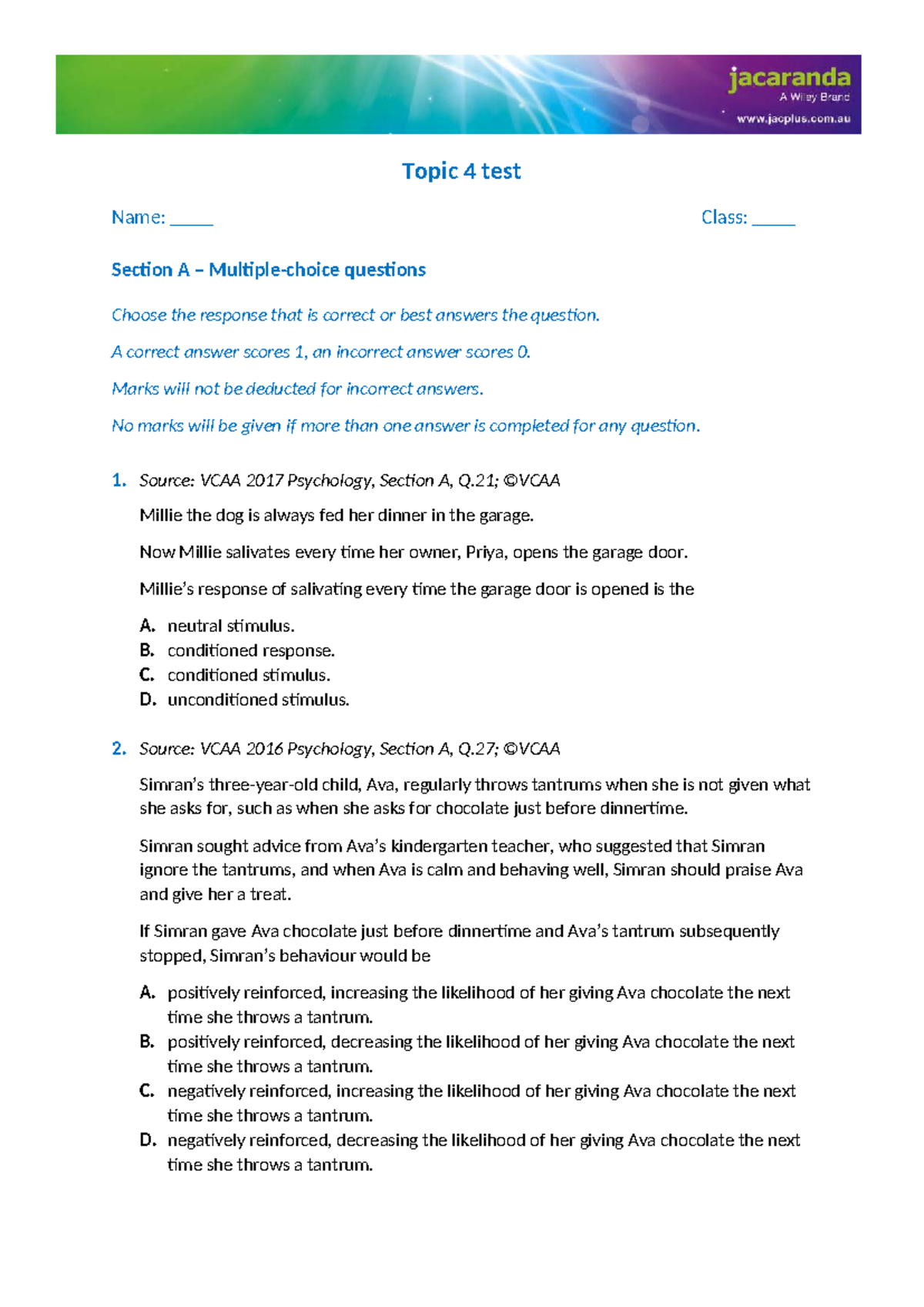 Topic 4 test - test 1- includes multiple choice + short answer - Name ...