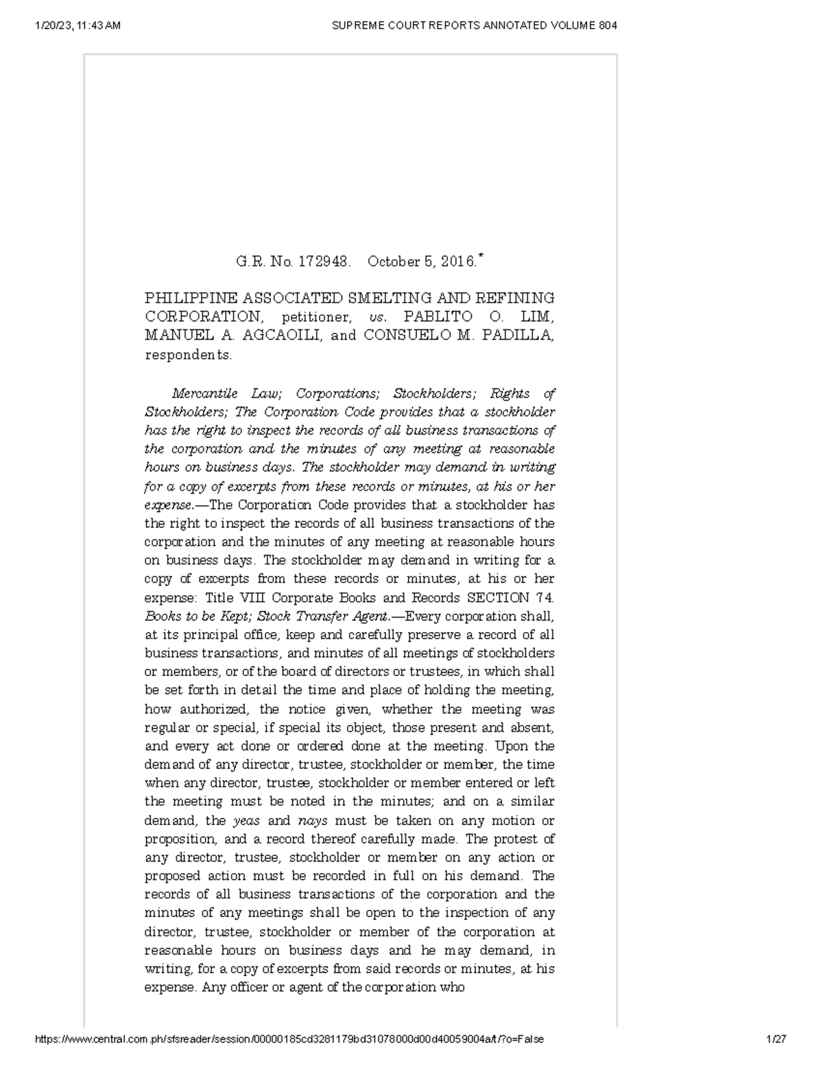 Philippine Associated Smelting & Refining Corp. vs. Lim: Rights of ...