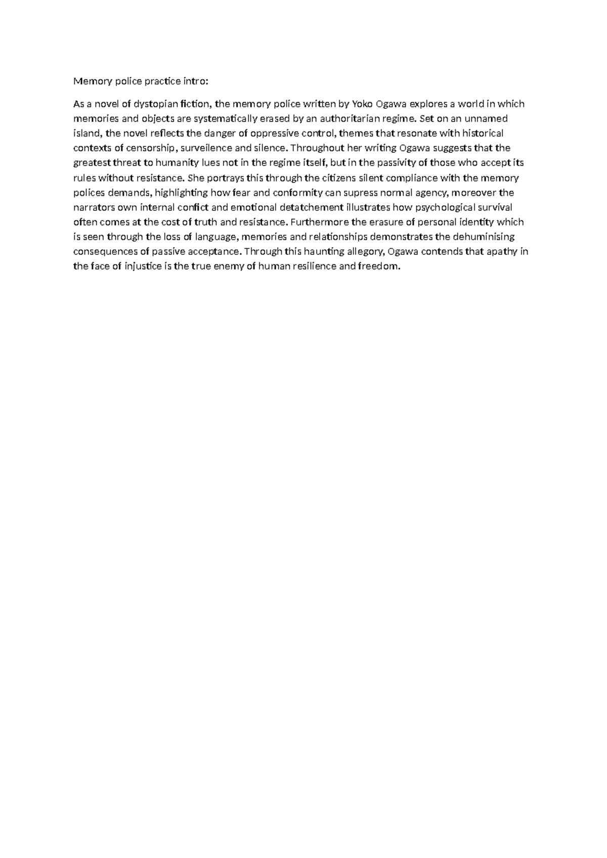 Memory Police Practice Intro: Dystopian Themes in Ogawa's Novel - Studocu
