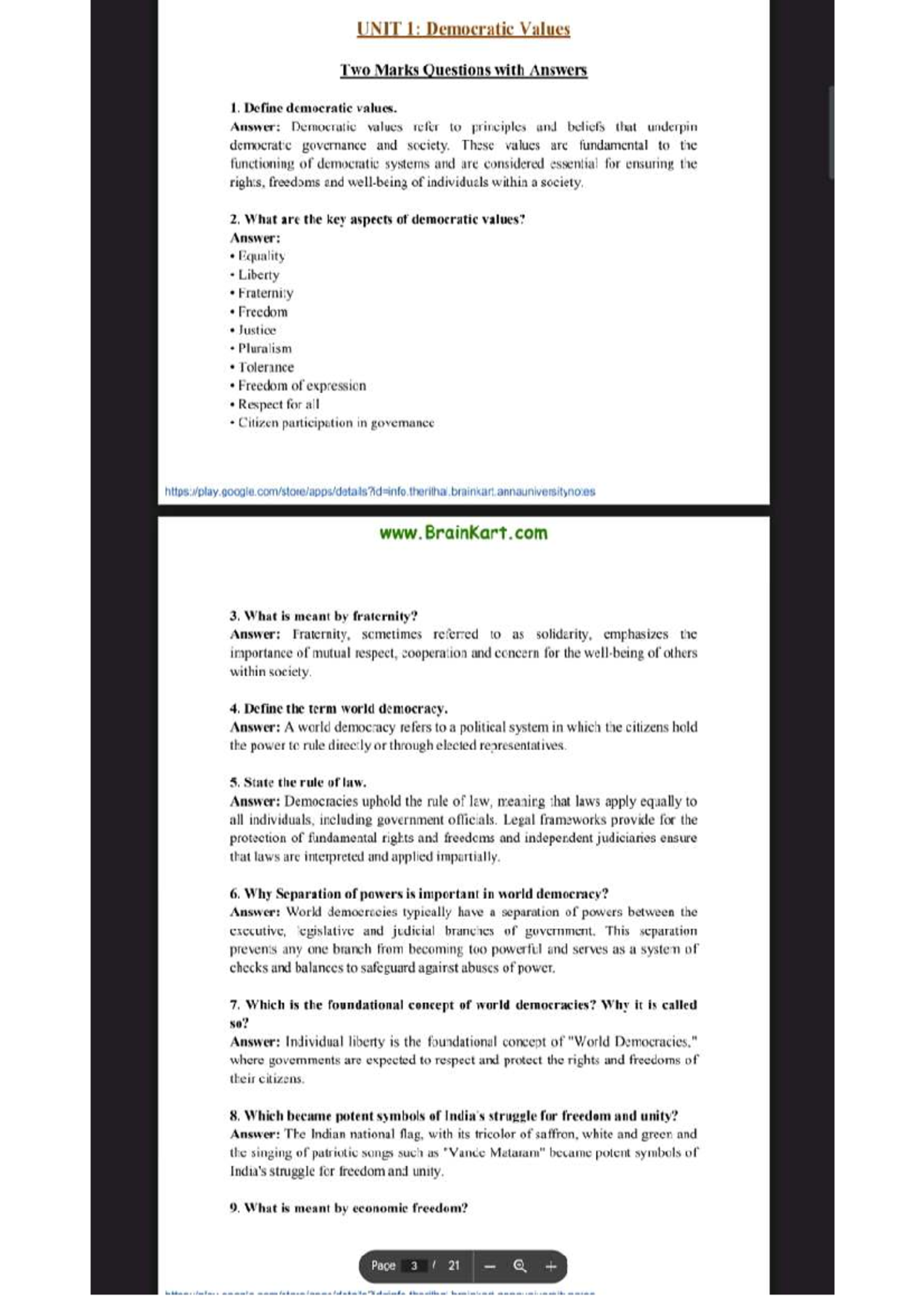 UNIT 1: Two Marks Q&A on Democratic Values (Course Code: 20250908) - Studocu