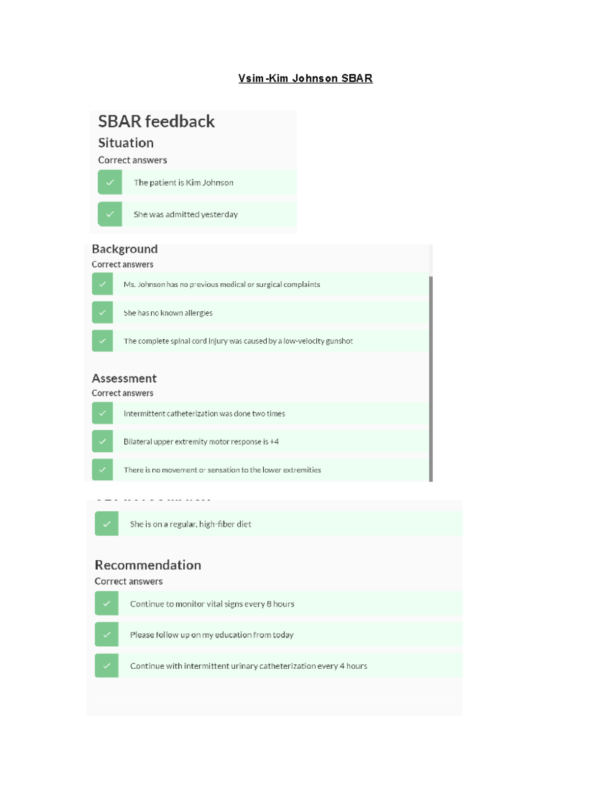 Vsim-Kim Johnson SBAR Analysis and Review - Studocu