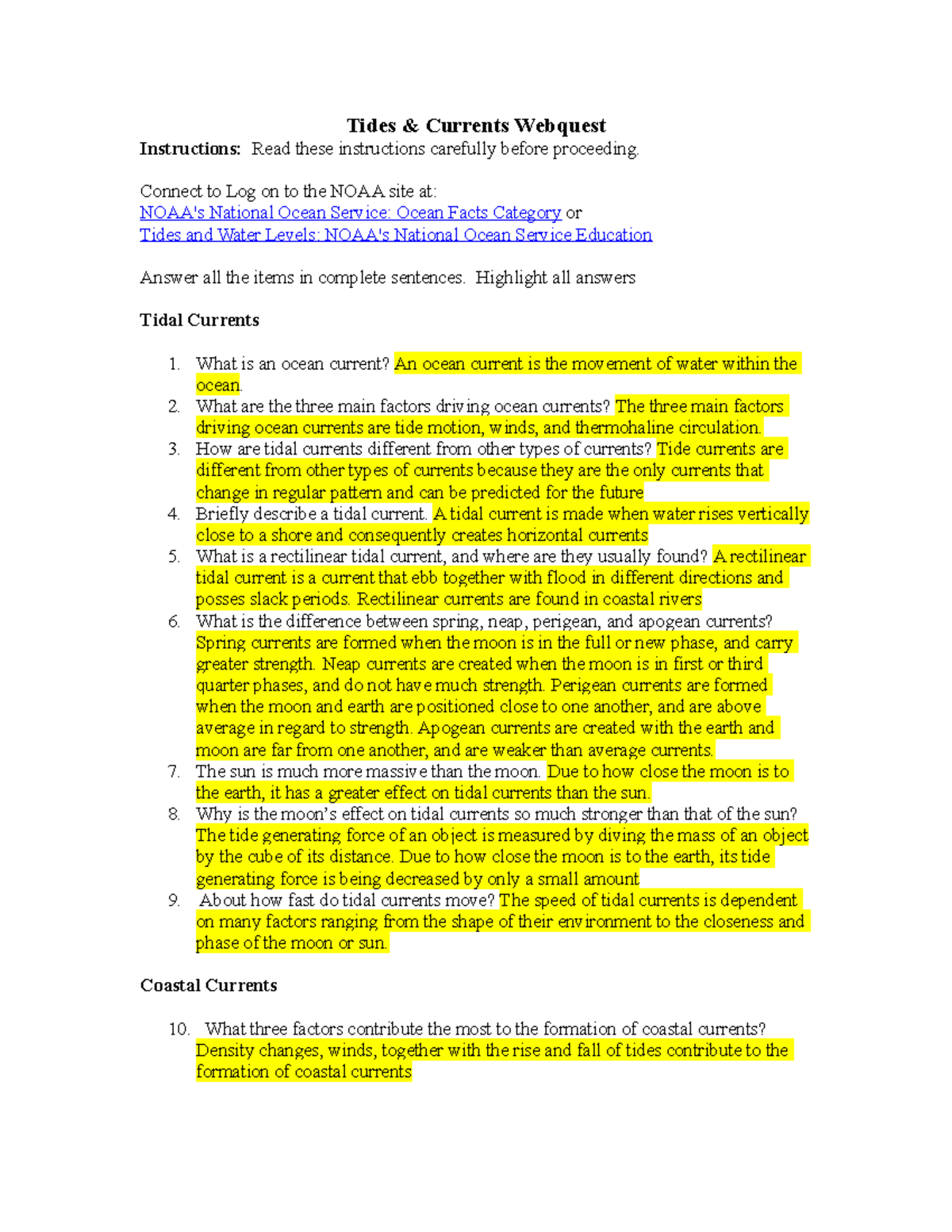 Tides and Currents Webquest for Earth Science (ES 101) - Studocu