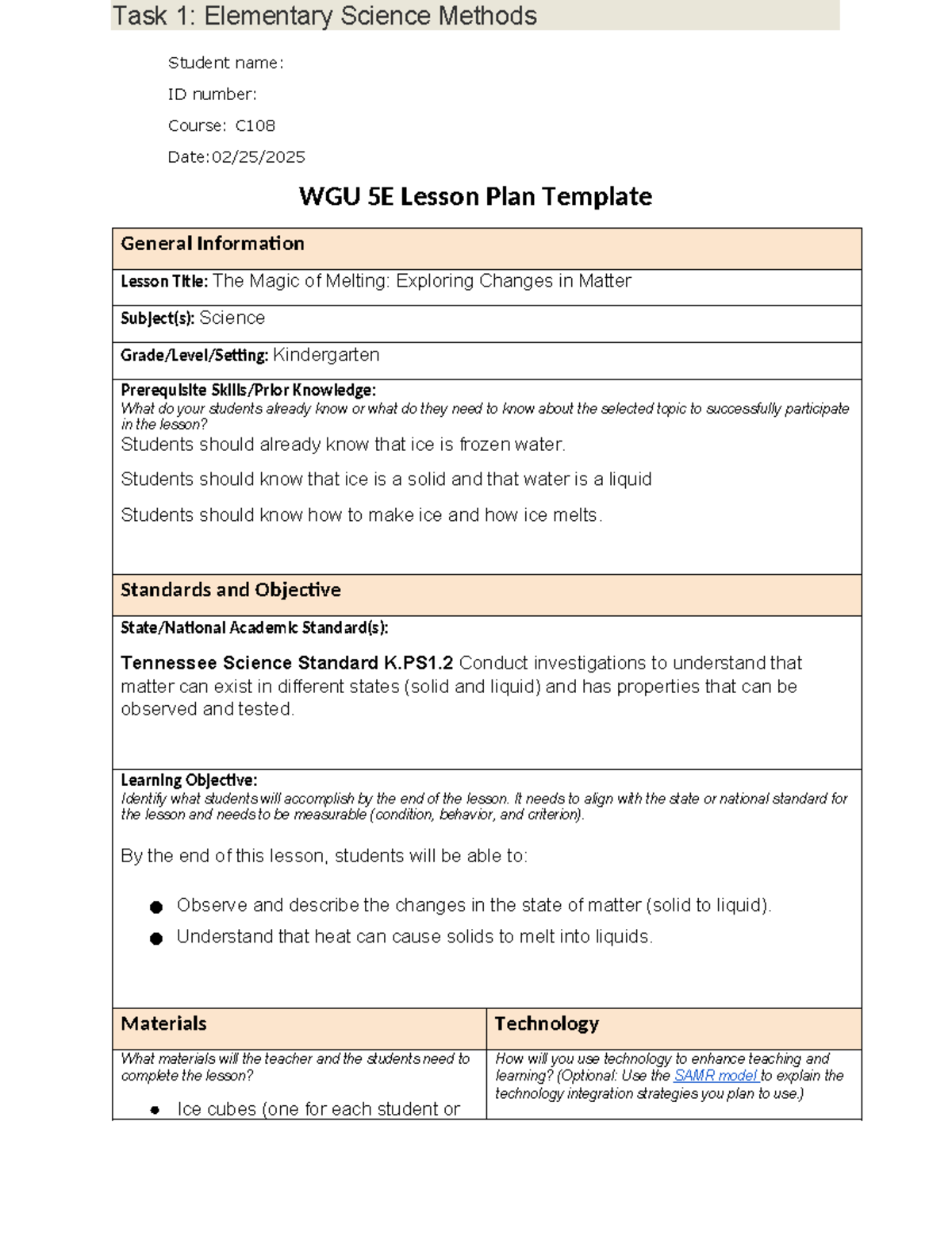 Task 1 C108 - C108 Science Methods - Student name: ID number: Course: C ...