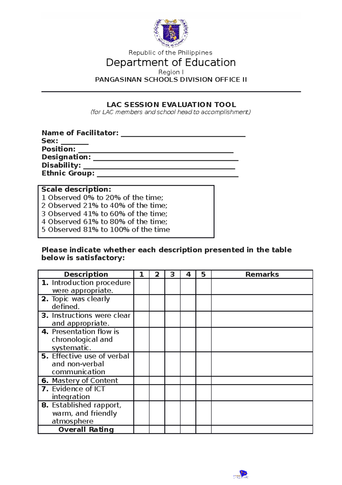 3 LAC Session Evaluation tool - Republic of the Philippines Department of Education Region I ...