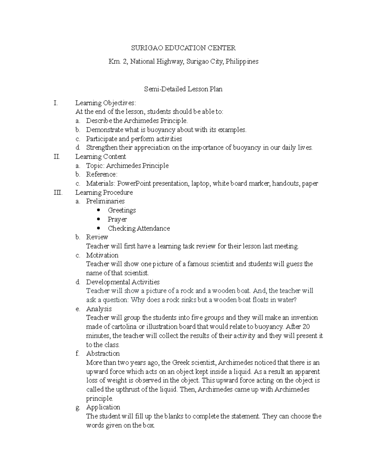 Semi-Detailed Lesson Plan on Archimedes Principle (Lesson Plan) - Studocu