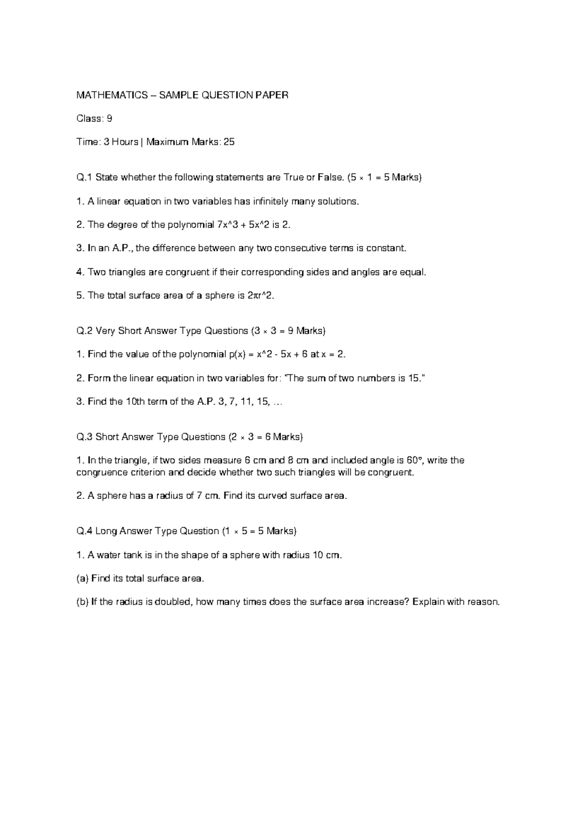 MATHEMATICS SAMPLE QUESTION PAPER Class 9 - 25 Marks - Studocu