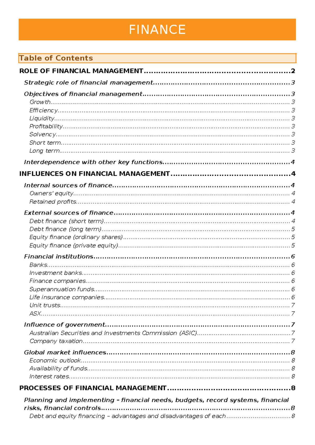 Finance - Revision notes - FINANCE ROLE OF FINANCIAL - Studocu