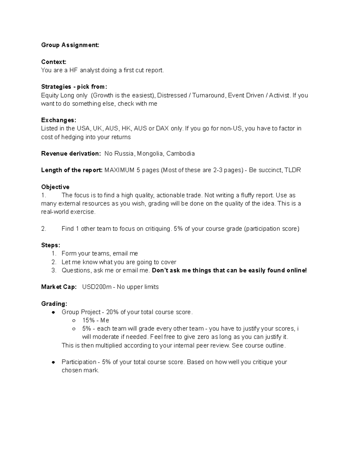 HF Analyst Group Assignment: Actionable Trade Strategies Report - Studocu
