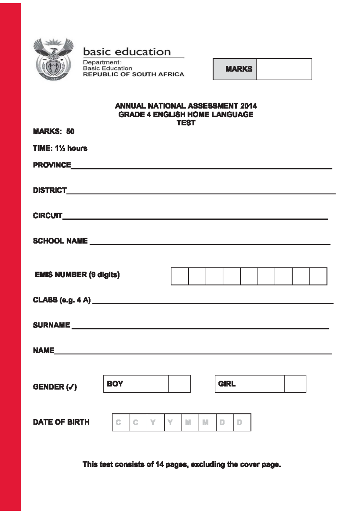 2014 ANA Grade 4 English Home Language Test Guide - Studocu