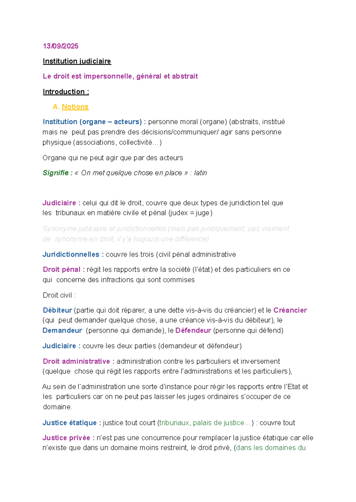 Institution Judiciaire S1 : Notions et Principes Fondamentaux - Studocu