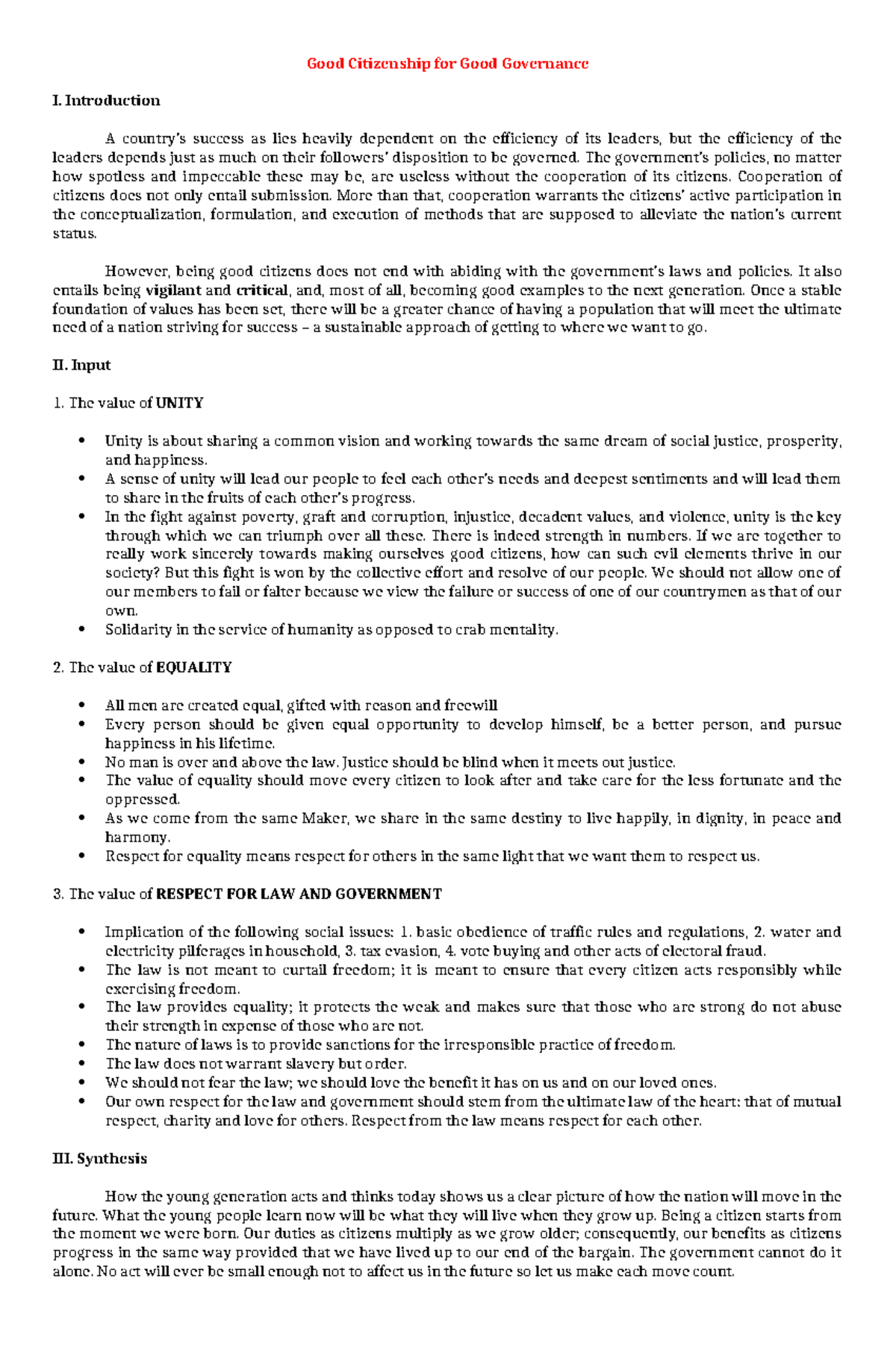 Good Citizenship for Good Governance - Introduction A country’s success ...