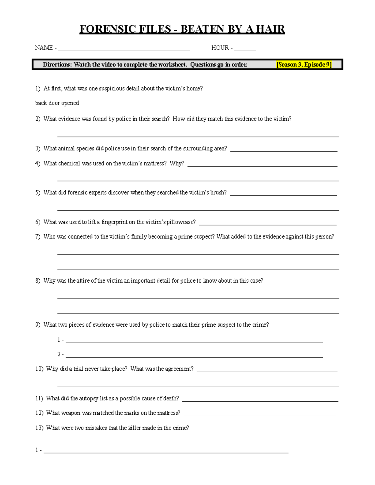 Forensic Files: Beaten by a Hair Worksheet [S3, E9] - Studocu