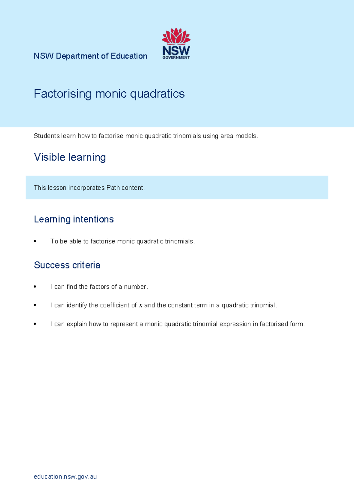 Mathematics S5 Unit 12 L07: Factorising Monic Quadratics Lesson - Studocu