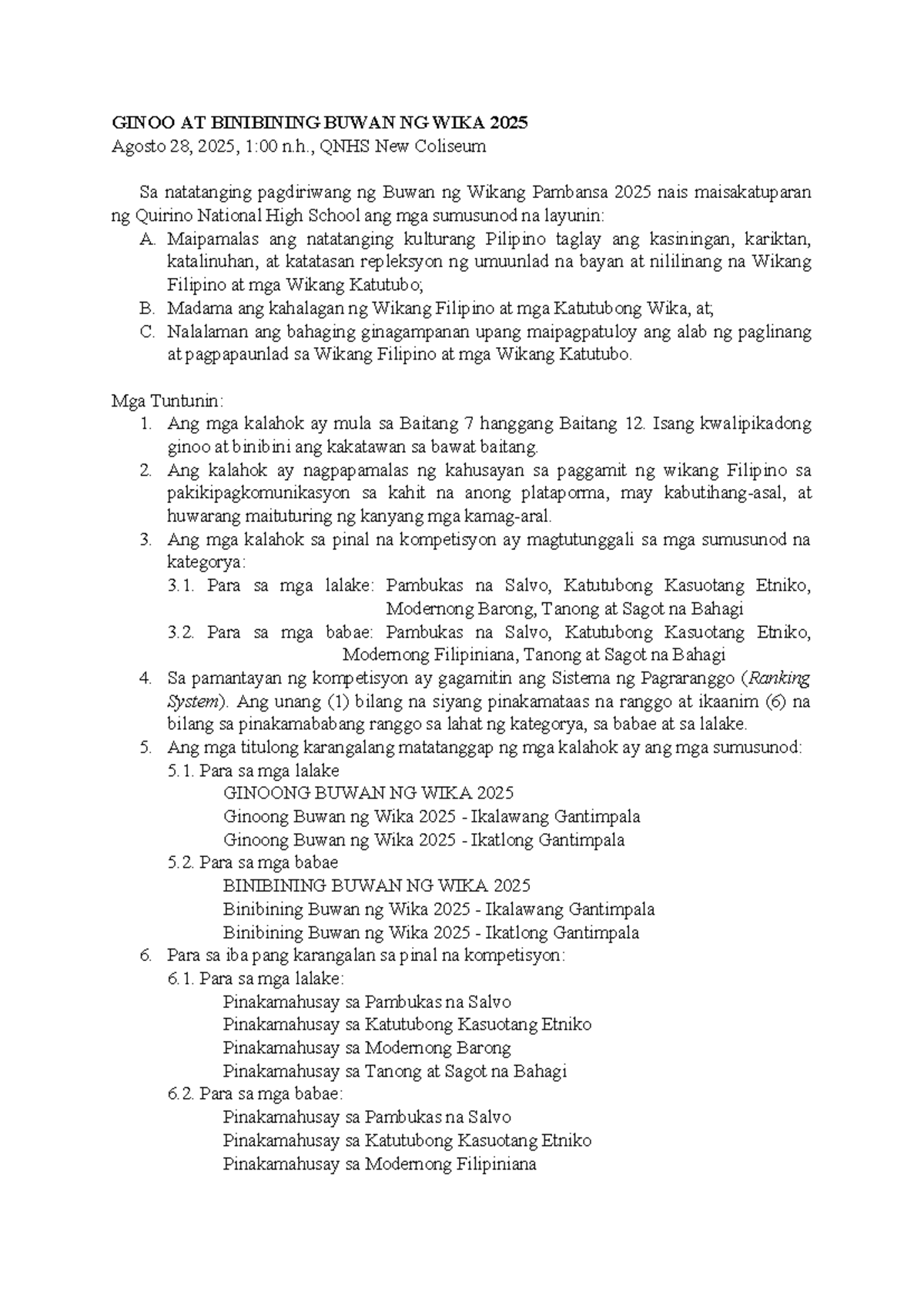 Mekaniks ng Ginoo at Binibining Buwan ng Wika 2025 - Studocu