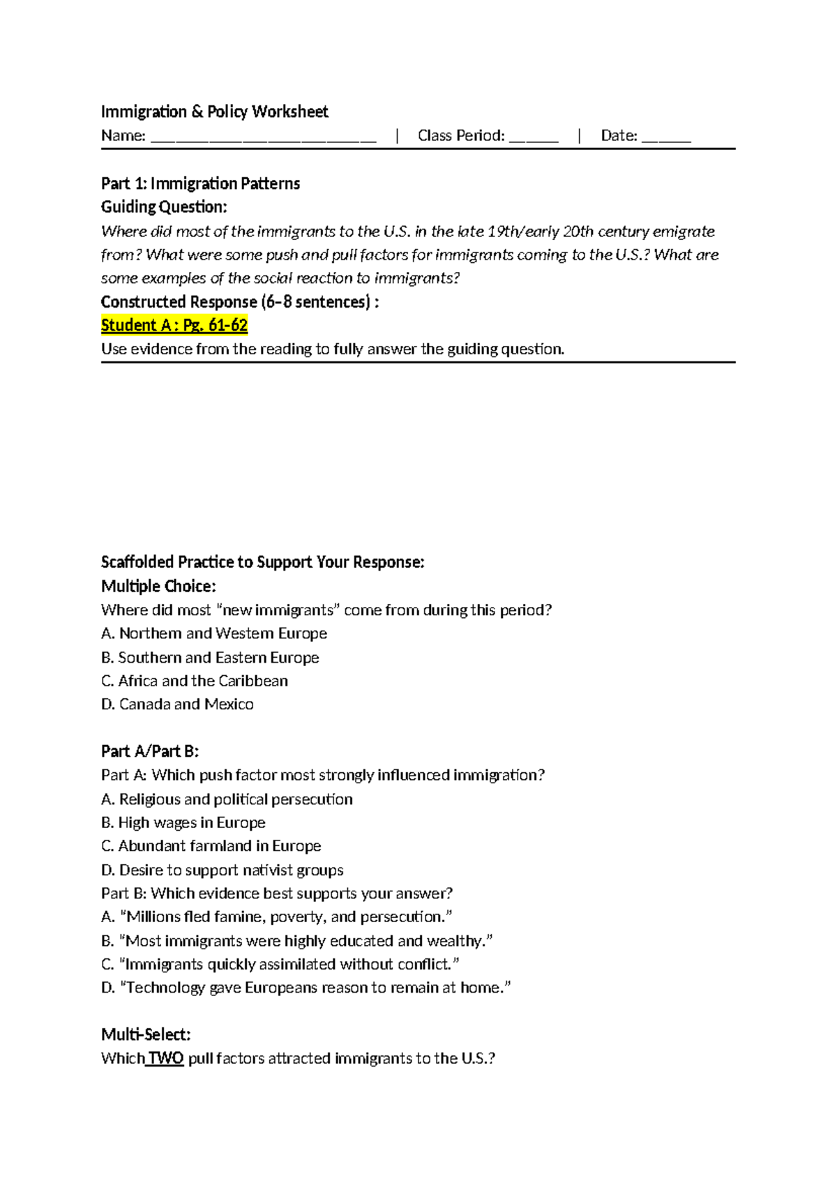 Immigration Policy Worksheet (2025): Patterns, Factors & Reactions ...
