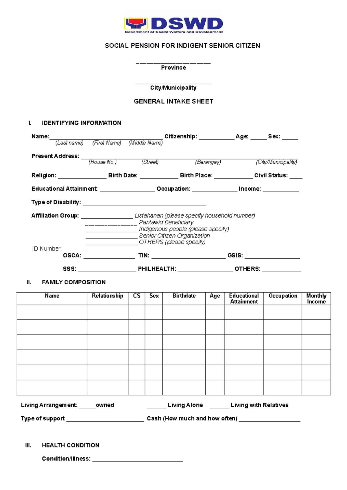 FORM: Social Pension for Indigent Senior Citizens - Intake Sheet - Studocu