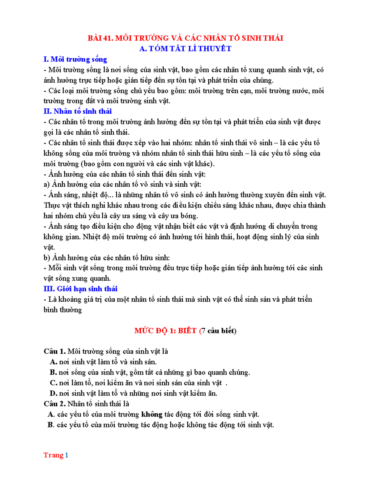 BÀI 41: MÔI TRƯỜNG VÀ CÁC NHÂN TỐ SINH THÁI - TÓM TẮT LÝ THUYẾT - Studocu