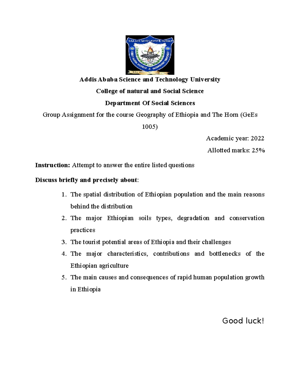 Geography Assignment 1 ( Aastu) - Addis Ababa Science and Technology ...