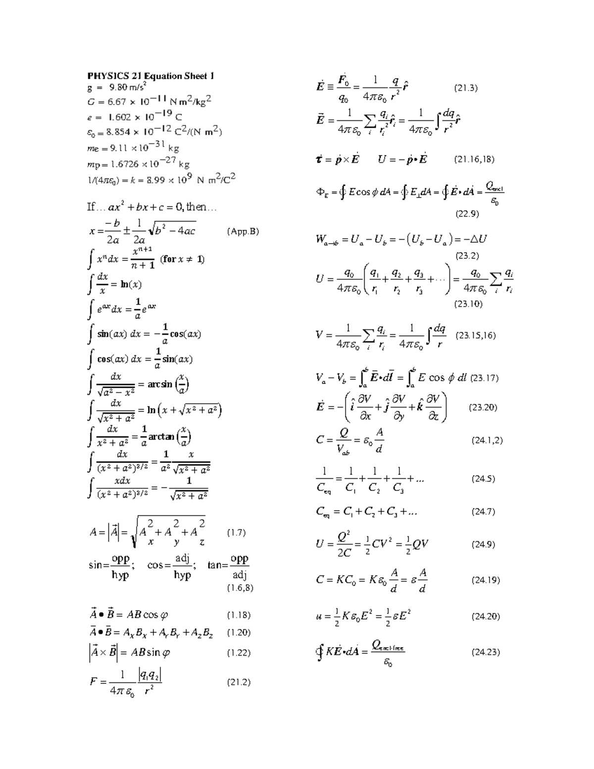 PH21 - Final Exam Equation Sheet 1 for Physics 21 - Studocu