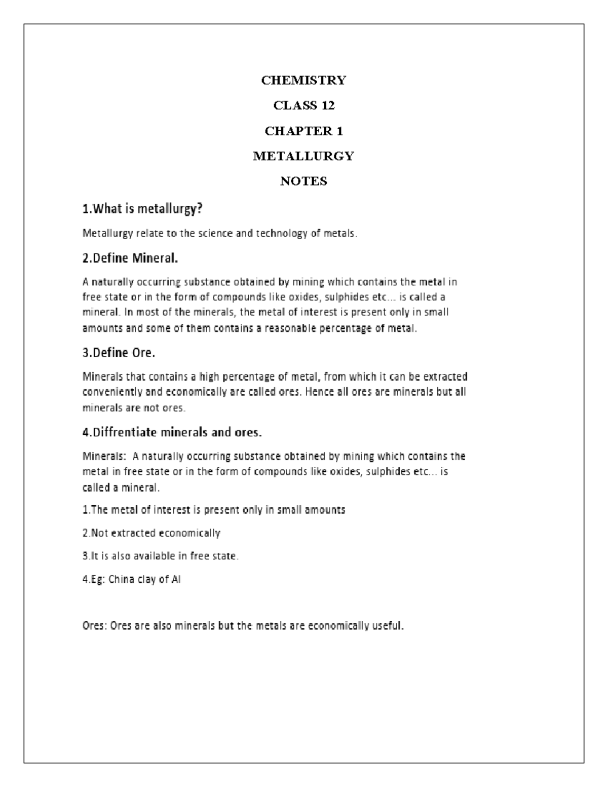 CHEMISTRY CLASS 12 CHAPTER 1 METALLURGY NOTES - Studocu