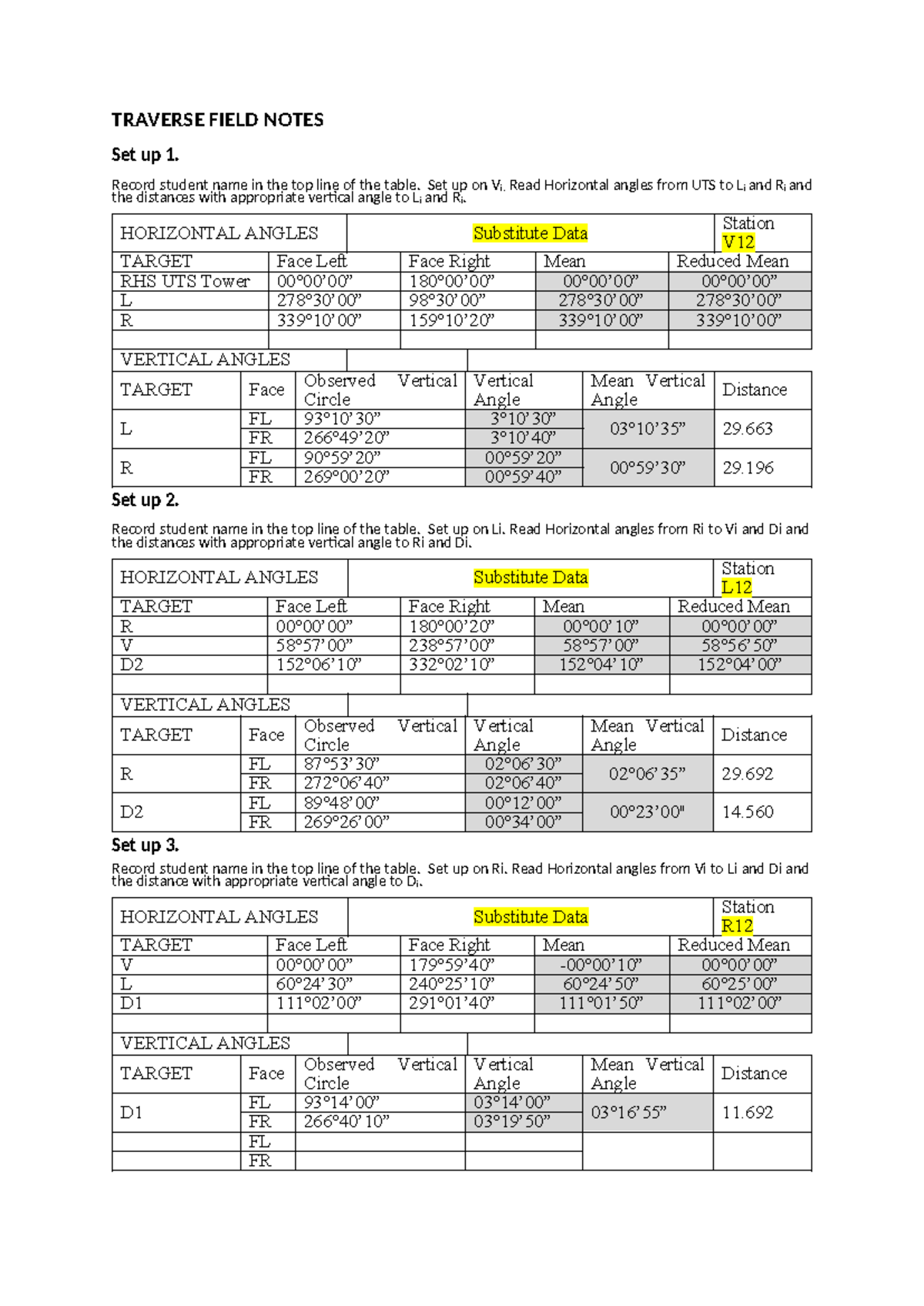 Traverse Field Notes: Substitute Data Details for Angles and Distances ...