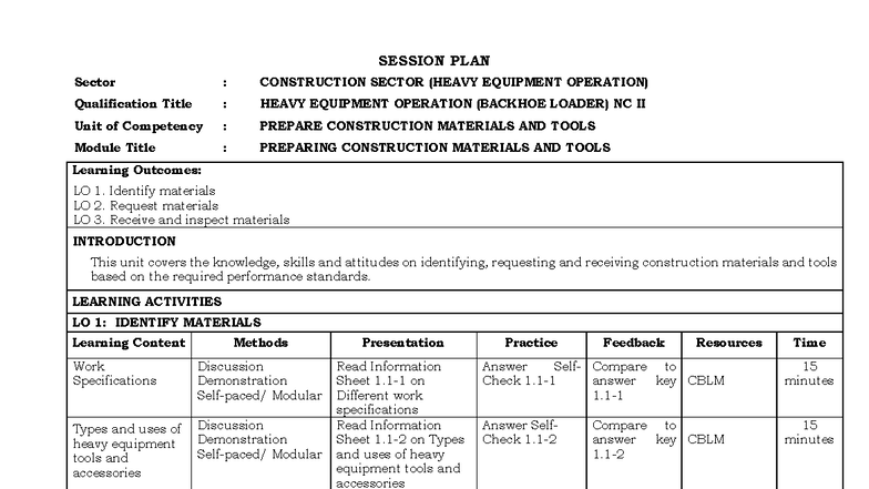 Session Plan: Preparing Construction Materials & Tools (HEO NC II ...